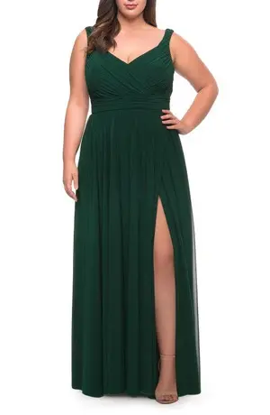 La Femme Net Jersey Long Gown With Slit - Emerald