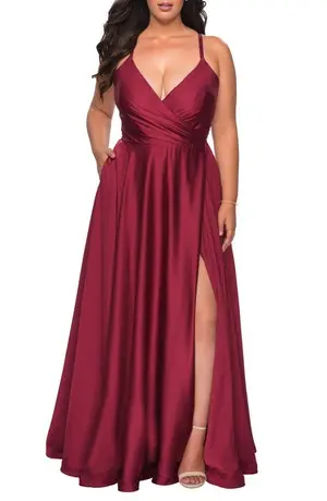 La Femme Satin A-line Plus Dress With Lace Up Back - Wine