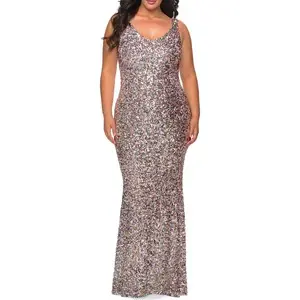 La Femme Floor Length Sequin Gown - Silver