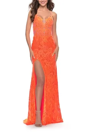 La Femme Stretch Lace Gown - Orange