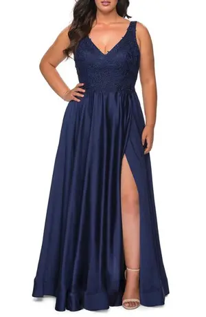 La Femme A-line Dress With Rhinestone Lace Bodice - Navy
