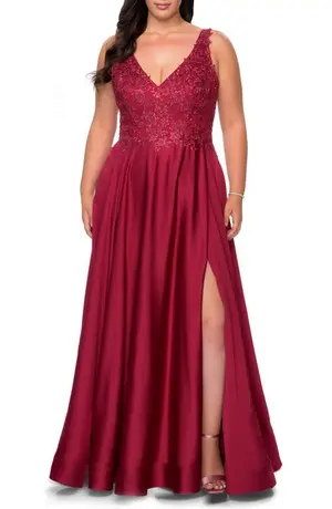 La Femme A-line Dress With Rhinestone Lace Bodice - Wine
