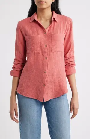 BEACHLUNCHLOUNGE Micaela Cotton Button-up Shirt - Cayenne