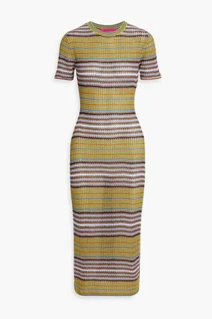 THE ELDER STATESMAN Striped Cotton And Cashmere-Blend Midi Dress - Chartreuse