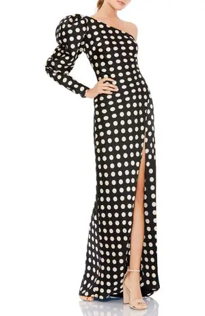 Mac Duggal One-shoulder Polka Dot Gown