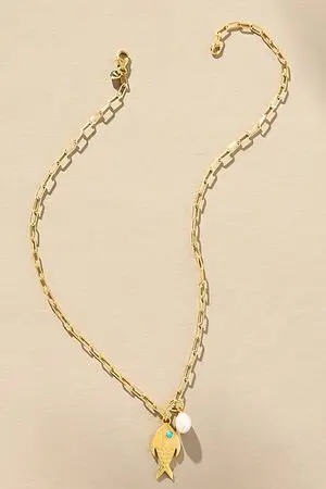 HART Fish Charm Pearl Necklace - Gold