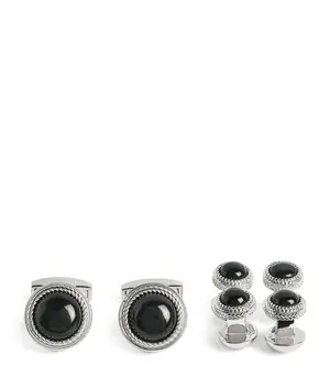 Tateossian Sterling Silver And Onyx Herringbone Cufflinks And Studs Set - Blue