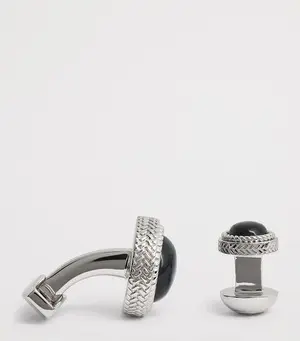 Tateossian Sterling Silver And Onyx Herringbone Cufflinks And Studs Set