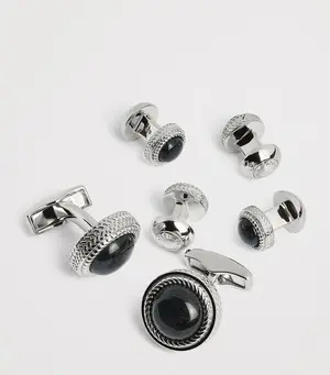 Tateossian Sterling Silver And Onyx Herringbone Cufflinks And Studs Set