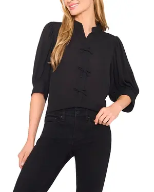CECE DUPRAZ Puff Sleeve Bow Placket Blouse - Rich Black