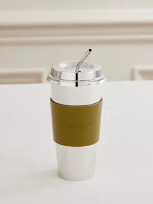 Christofle Objets Miroir Leather-trimmed Stainless Steel Coffee Cup - Silver