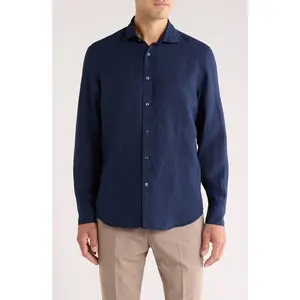 Bugatchi Axel Shaped Fit Linen Button-up Shirt - Navy