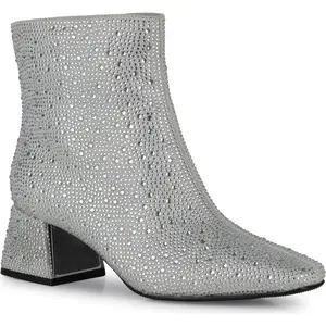 LADY COUTURE Rhinestone Block Heel Bootie - Silver