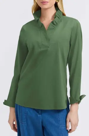 Foxcroft Tammy Ruffle Collar Cotton-Blend Top Basil