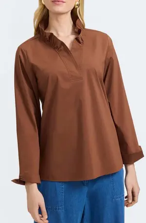 Foxcroft Tammy Ruffle Collar Cotton-Blend Top Macchiato