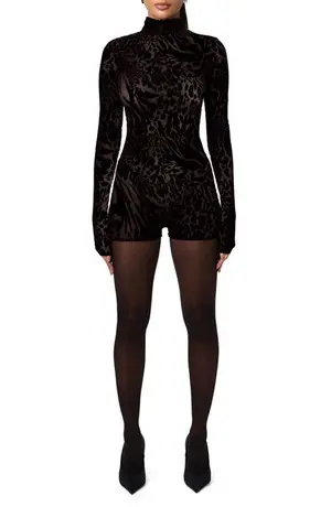 Naked Wardrobe Burnout Mock Neck Long Sleeve Romper - Black