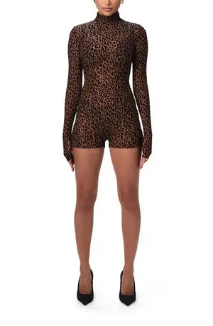 Naked Wardrobe Burnout Mock Neck Long Sleeve Romper - Leopard Nude