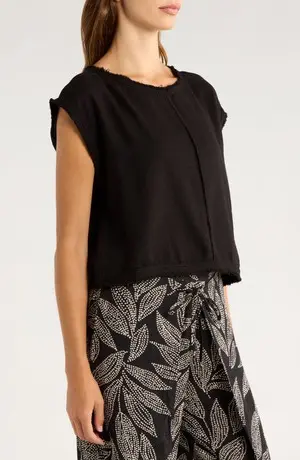 Elan Bali Fray Edge Cotton Cover-up Crop Top - Black