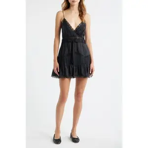 LoveShackFancy Sibelle Pleated Bodice Lace Inset Silk Minidress - Black
