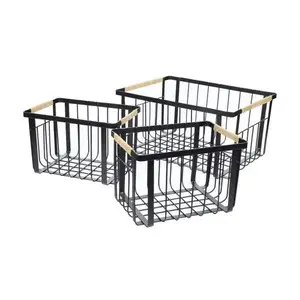 HAPPIMESS Henley Vintage Farmhouse Handmade Wire Metal Nesting Storage Baskets With Jute Wrapped Handles - Black