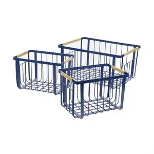 HAPPIMESS Henley Vintage Farmhouse Handmade Wire Metal Nesting Storage Baskets With Jute Wrapped Handles - Navy