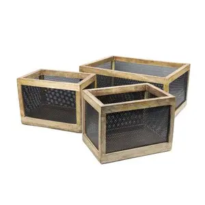 HAPPIMESS Fallon Modern Minimalist Handmade Wooden Metal Nesting Storage Baskets - Black/natural