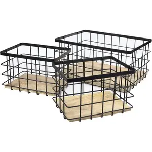 HAPPIMESS Evvie Vintage Farmhouse Handmade Wire Metal Nesting Storage Baskets With Wood Base - Black/natural