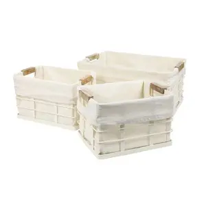 HAPPIMESS Callan Vintage Industrial Handmade Wire Metal Nesting Storage Baskets With Wood Handles And Fabric Liner - Almond