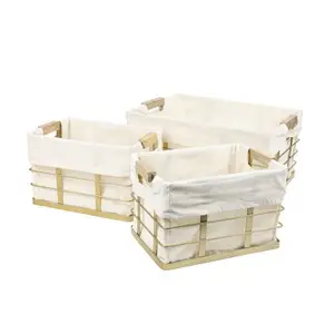 HAPPIMESS Callan Vintage Industrial Handmade Wire Metal Nesting Storage Baskets With Wood Handles And Fabric Liner - Gold