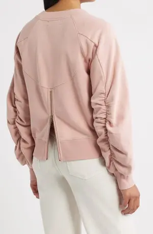 CITY BLUES Zip Detail Ruched Sleeve Sweatshirt - Rose