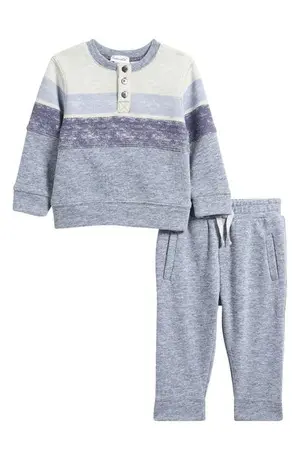 Splendid Blake Block Stripe Henley Sweatshirt & Sweatpants Set - Heather Grey/navy