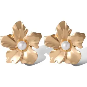 Jessica Simpson Floral Stud Earrings With Pearl - Gold