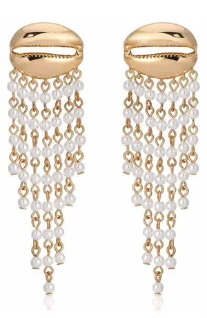 Ettika Mykonos Shell Faux Pearl Fringe Drop Earrings - Gold