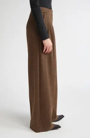 Max Mara Ponza Pleated Houndstooth Check Wide Leg Pants - Chocolate