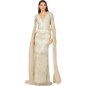 LARA NEW YORK V-neck Gown With Cape Sleeves And Feathers - Sage