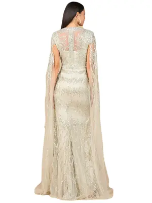 LARA NEW YORK V-neck Gown With Cape Sleeves And Feathers
