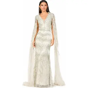 LARA NEW YORK V-neck Gown With Cape Sleeves And Feathers - Sage