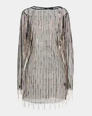 Lapointe Crystal Fringe Mesh Mini Dress