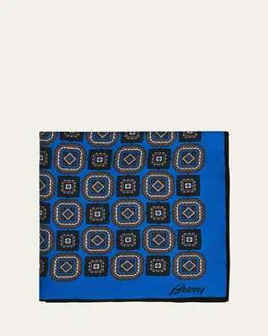 Brioni Square Medallion Silk Pocket Square - Grey Blue