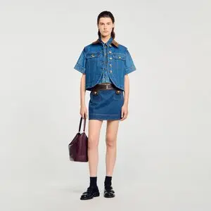 Sandro Mini Denim Skirt With Leather Details - Dark Blue