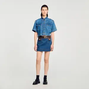 Sandro Mini Denim Skirt With Leather Details - Dark Blue