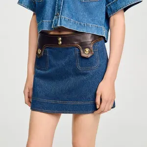 Sandro Mini Denim Skirt With Leather Details - Dark Blue