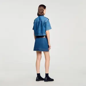 Sandro Mini Denim Skirt With Leather Details - Dark Blue