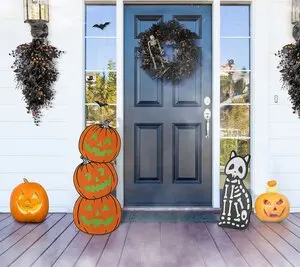 GLITZHOME Halloween Skeleton Cat & Pumpkins Por Ch Signs S/2 - One-color