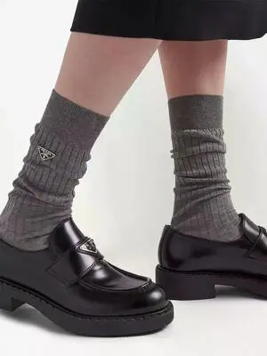Prada Cotton Ribbed Mid-calf Socks With Enamel Triangle Logo - Grey