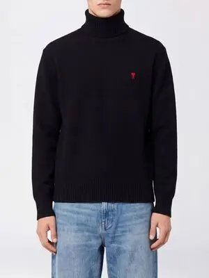 AMI Paris Merino Wool Turtleneck Sweater With Embroidered Logo - Black
