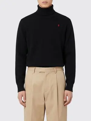 AMI Paris Merino Wool Turtleneck Sweater With Embroidered Logo - Black