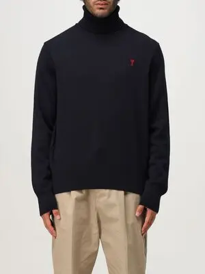 AMI Paris Merino Wool Turtleneck Sweater With Embroidered Logo - Blue