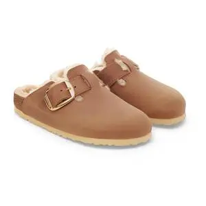 BIRKENSTOCK Boston Big Buckle Shearling Natural Leather Clogs - Cognac
