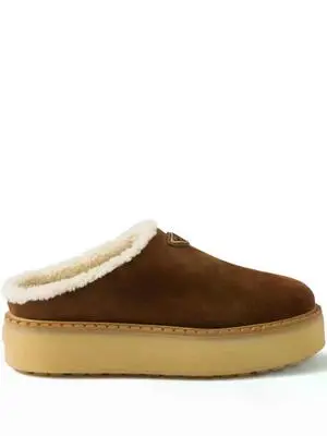 Prada Shearling-lined Suede Mules - Brown
